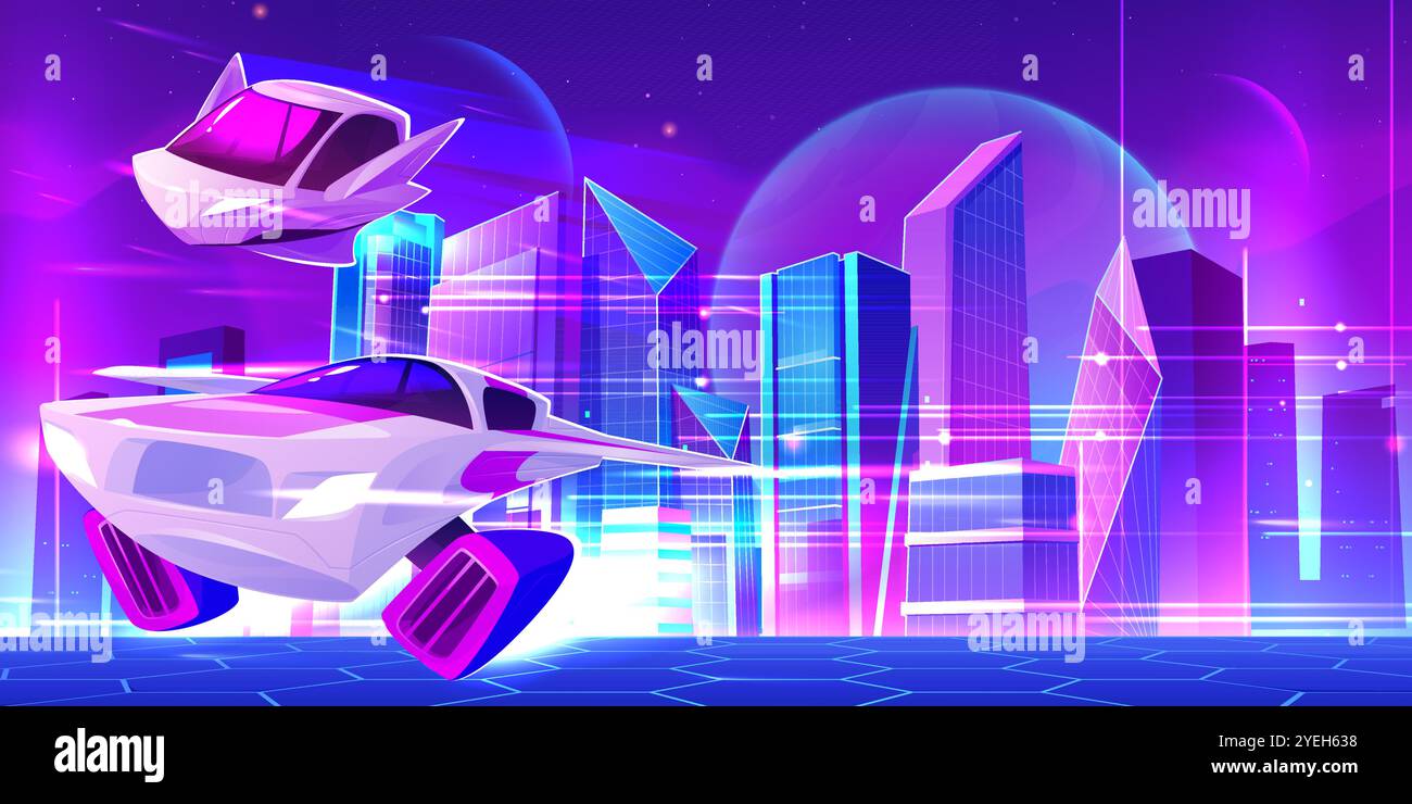 Futuristic space city background with flying aircraft. Vector cartoon ...