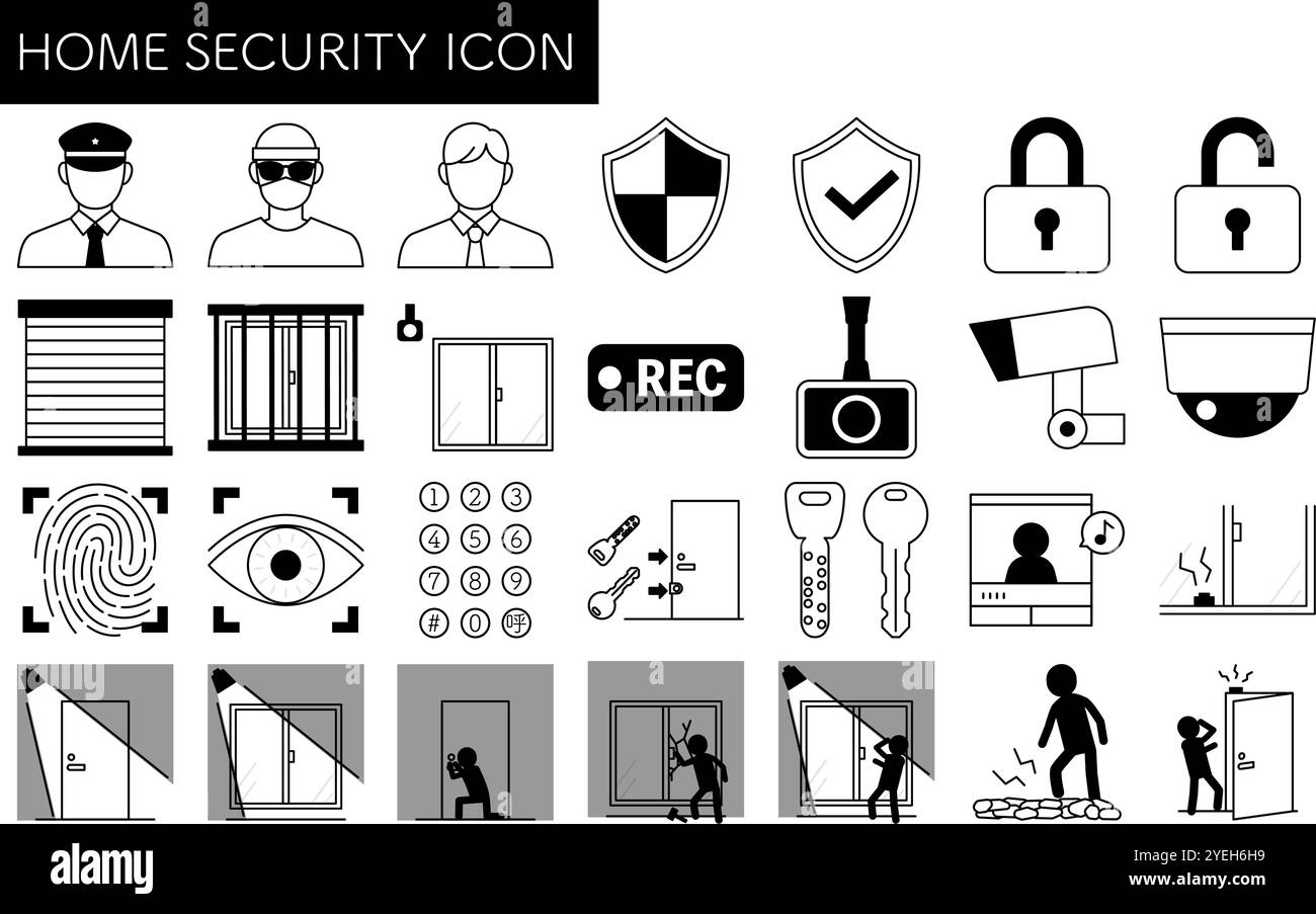 Prevention of crime and Home Security, black and White Icons, Vector ...