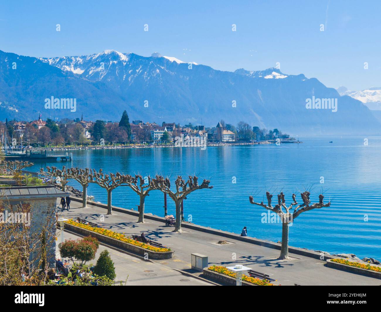 Lake Geneva shore with Swiss alps., Vevey town, Switzerland Stock Photo ...