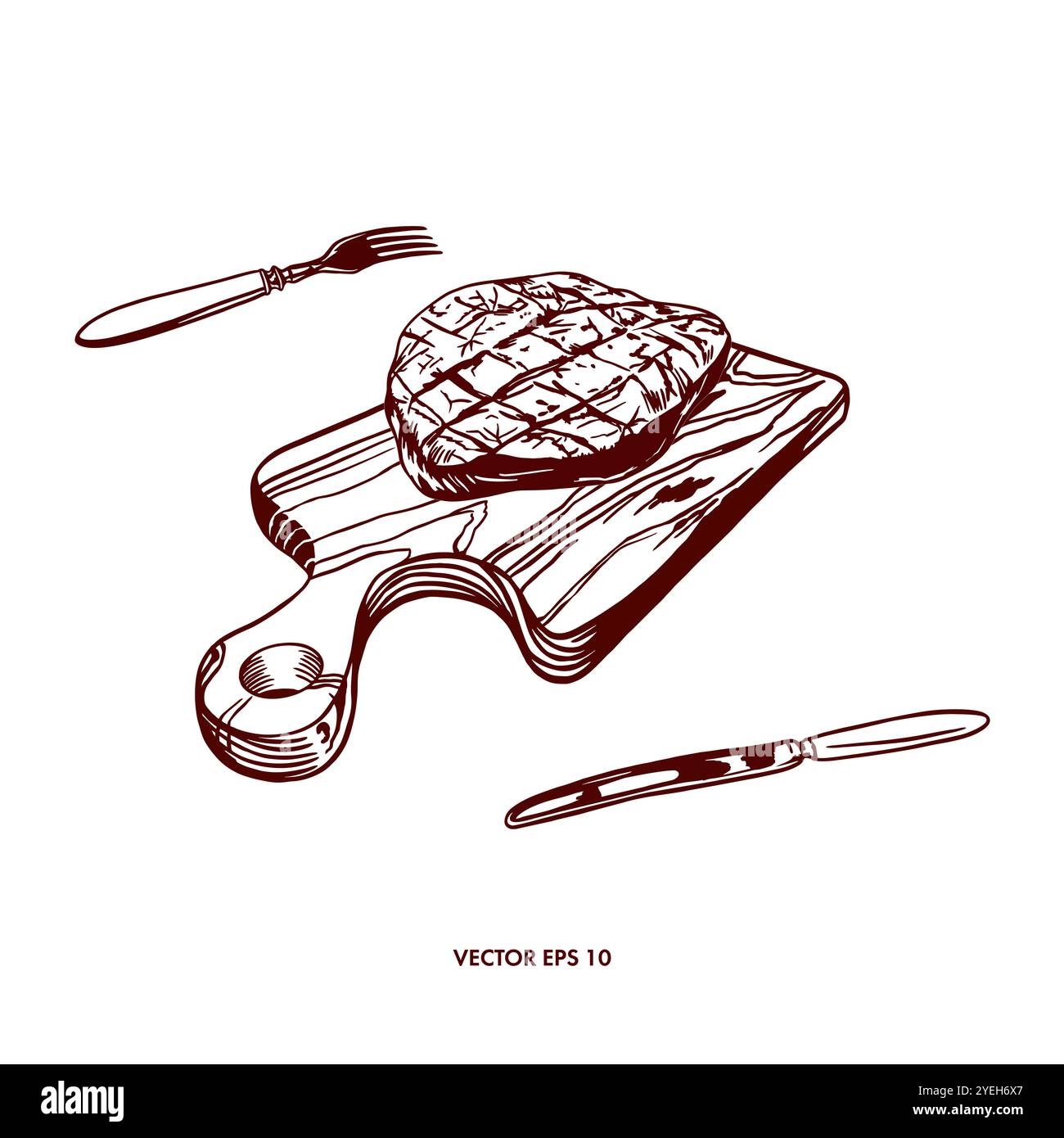 Meat steak on a wooden board, fork, knife. Hand drawn vector ...