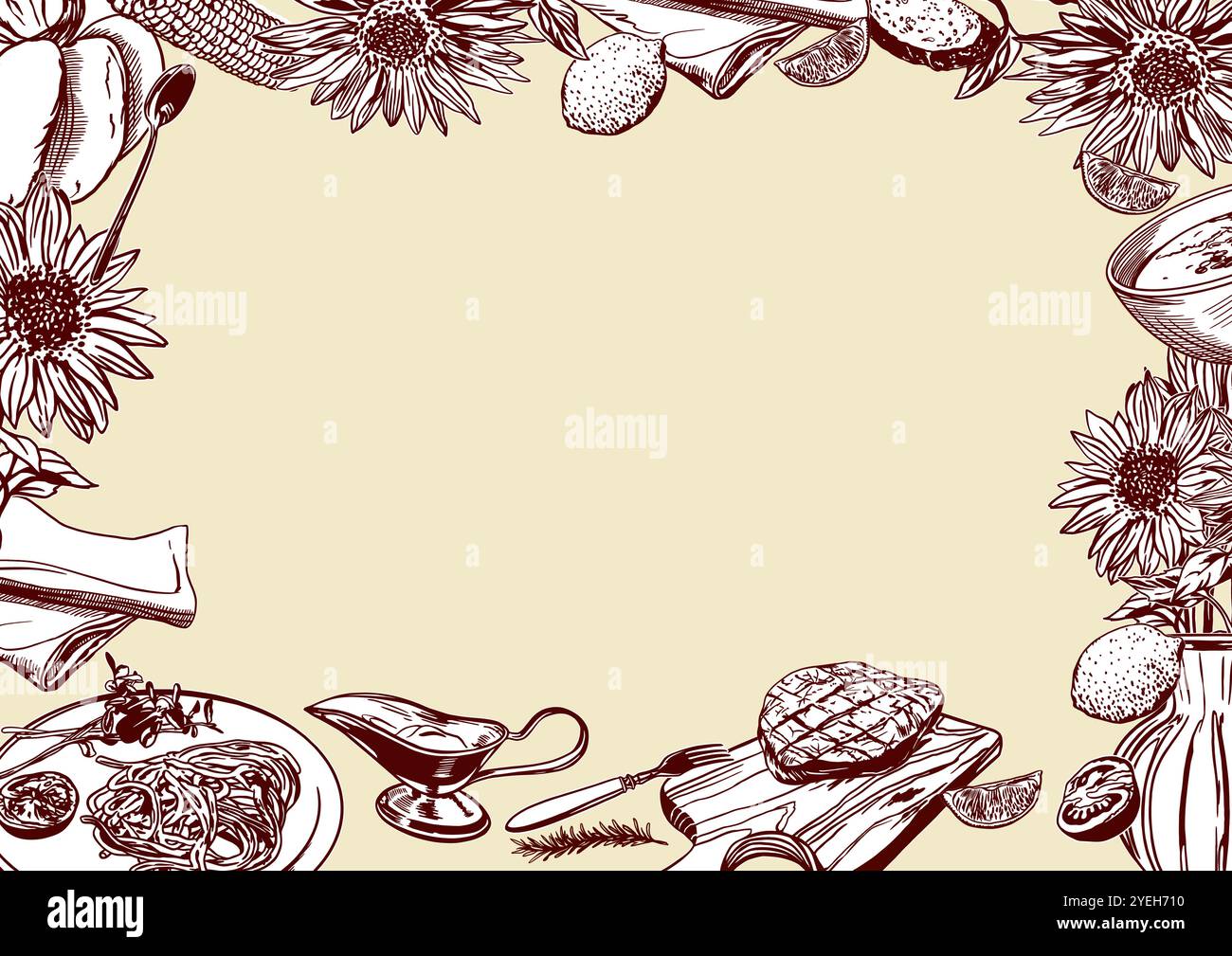Menu design template. Spaghetti, meat steak, sauce boat, sunflowers ...
