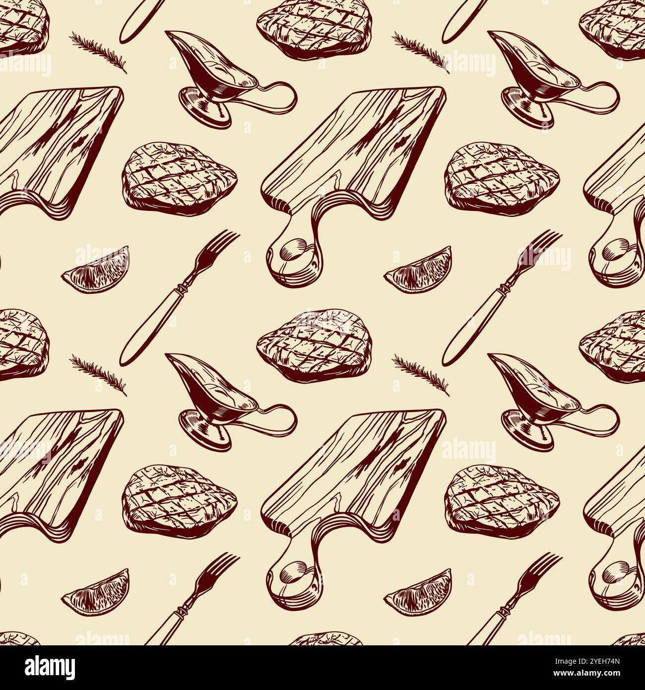 Meat steak seamless pattern. Grill, board, sauce, fork, lemon, rosemary ...