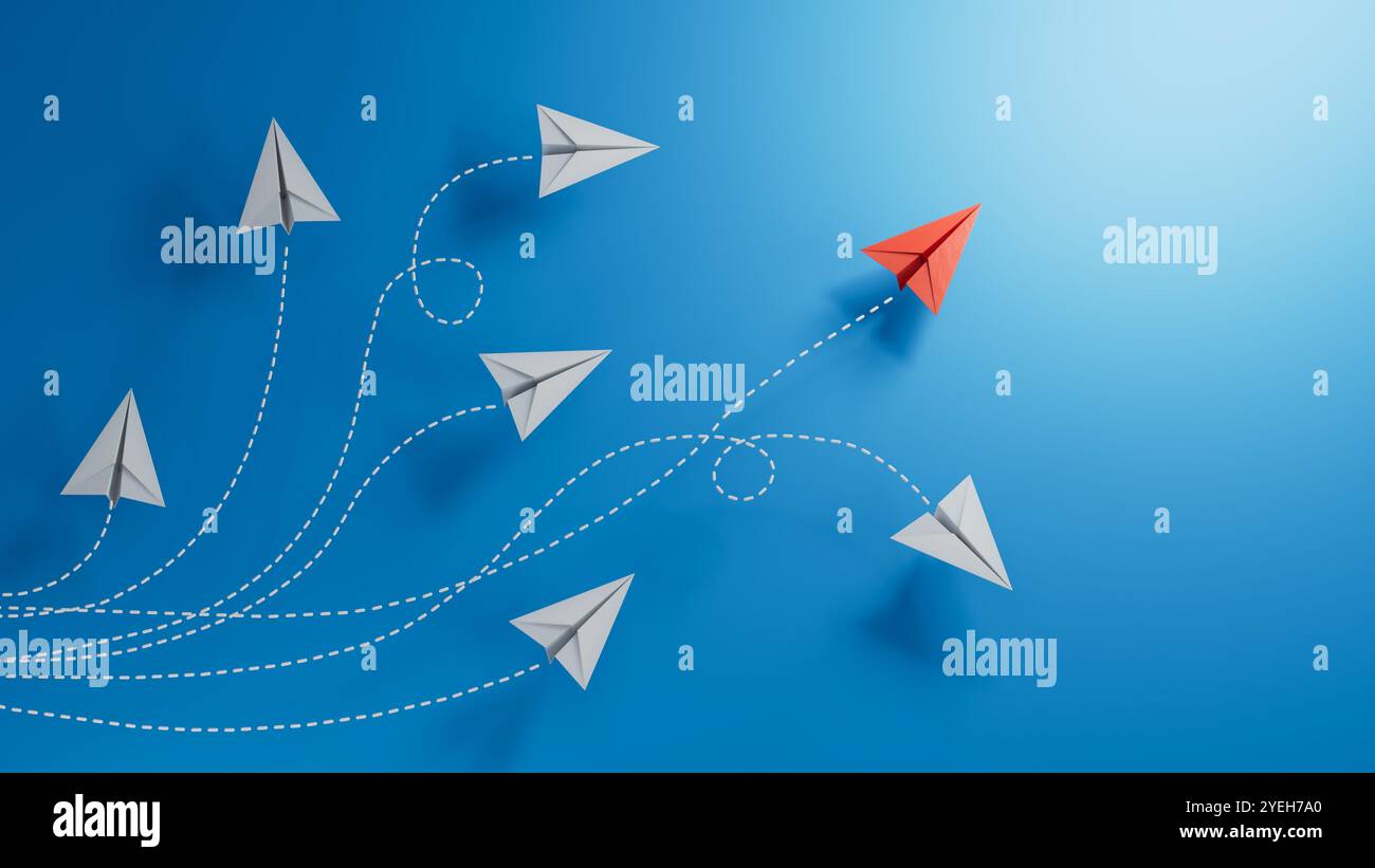 Paper planes on blue background. Business competition, different vision ...