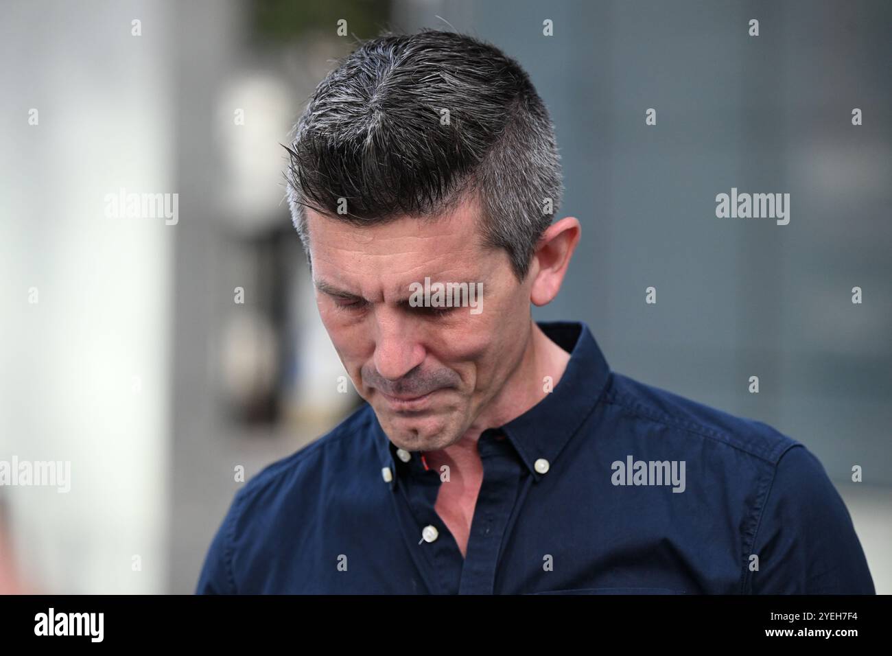Lee Lovell, husband of victim Emma Lovell is seen talking to the media ...
