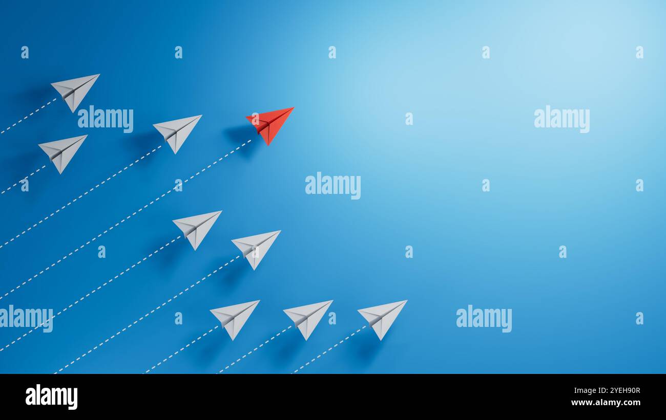 Paper planes with one red individual going in upward direction with ...