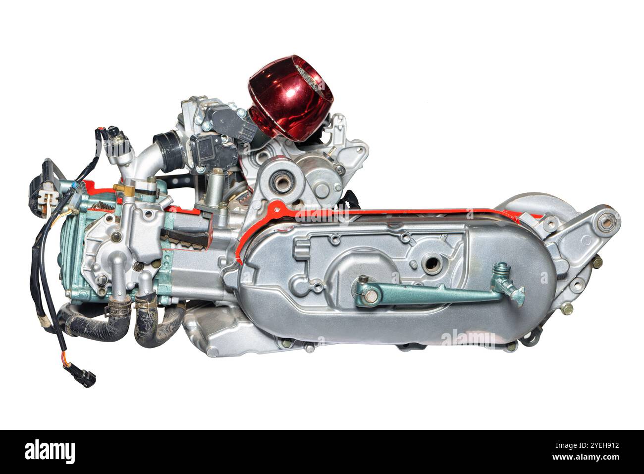Scooter engine showcasing its complex inner workings, displayed against ...