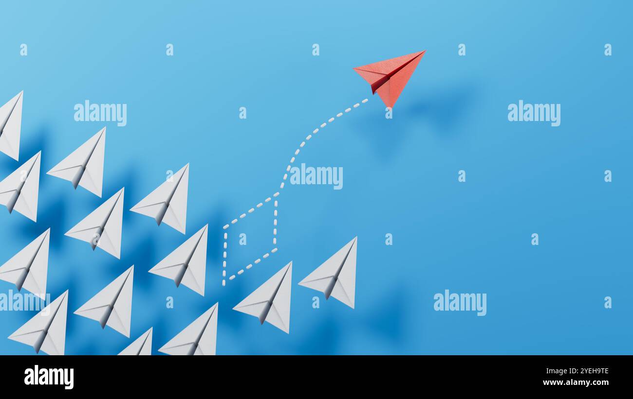 A group of blue paper planes and one red one moving in the opposite ...