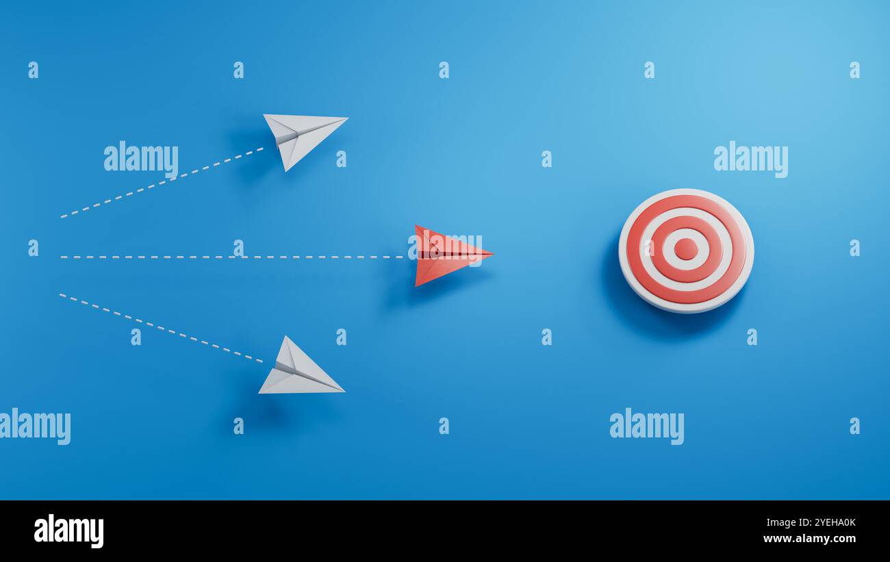 Red airplane flying towards target. The concept of leaderplane ...