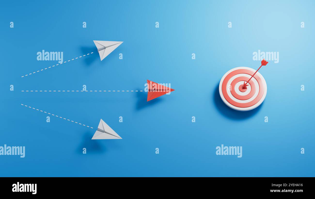 Red airplane flying towards target. The concept of leaderplane ...