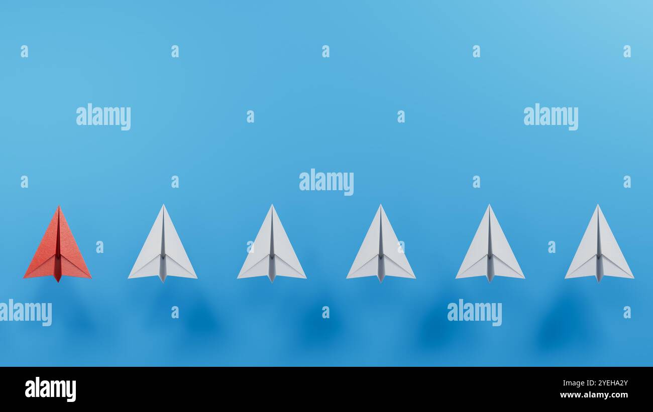 Row of paper planes on black background. Leaderplane concept with blue ...