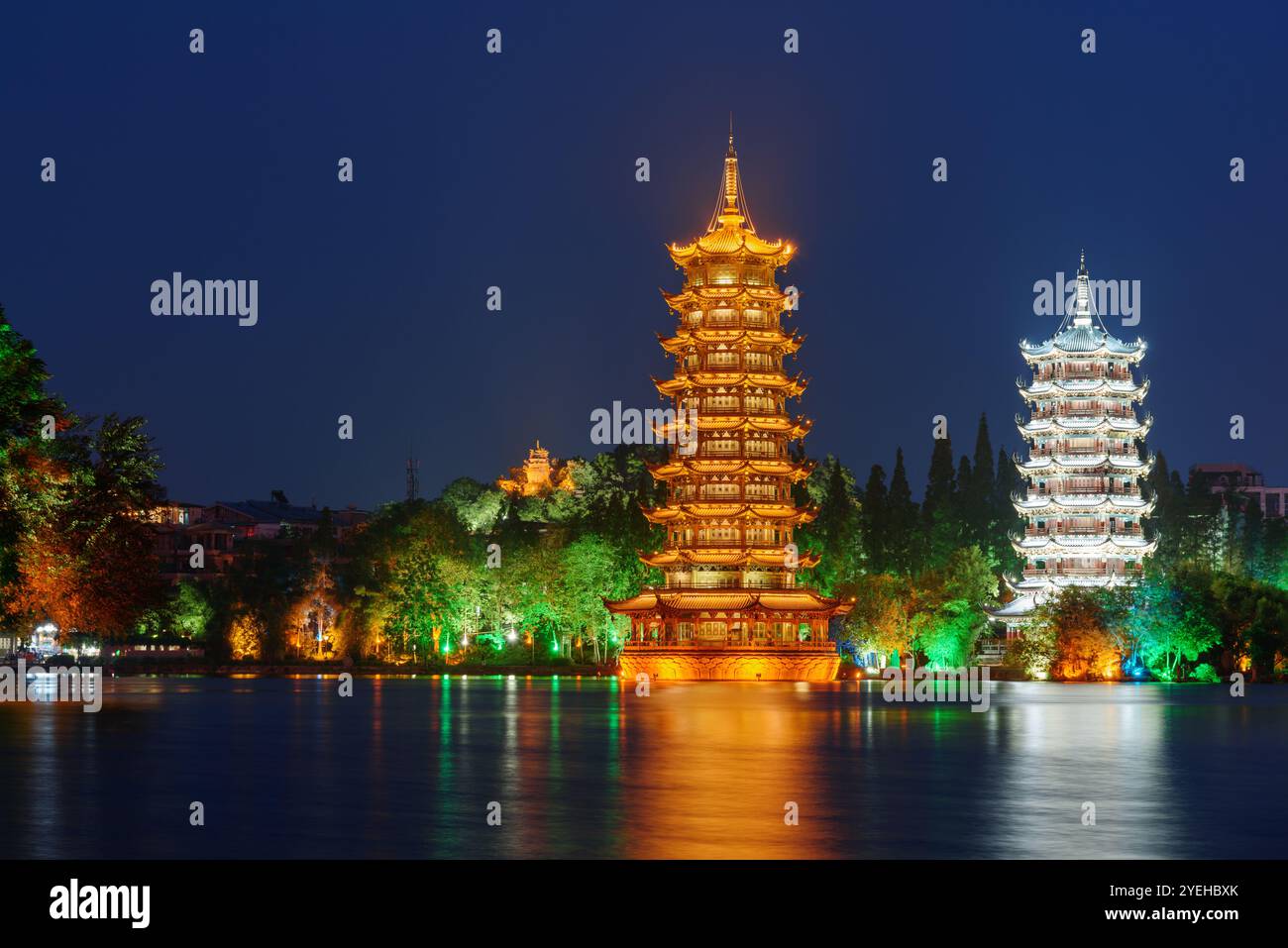 Night view of the Sun and Moon Twin Pagodas, Guilin Stock Photo - Alamy