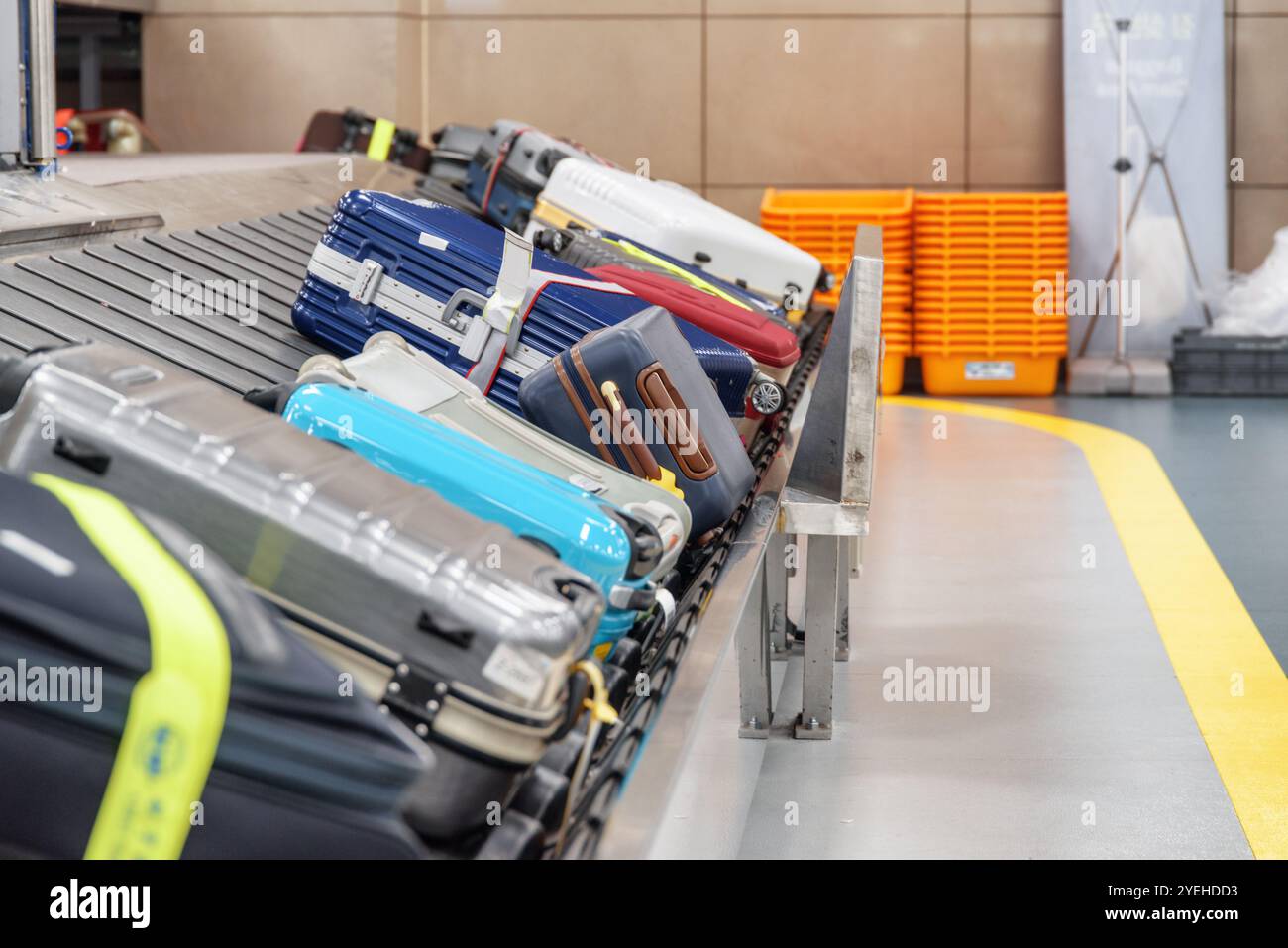 Suitcases on luggage conveyor belt in airport. Baggage carousel Stock ...