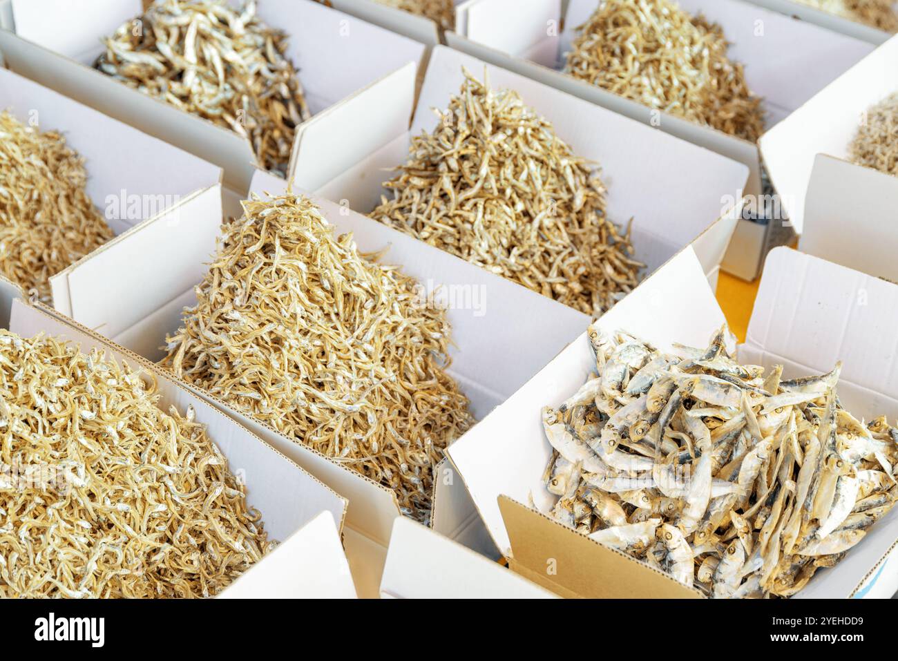 Dried fish in boxes at fish market Stock Photo - Alamy