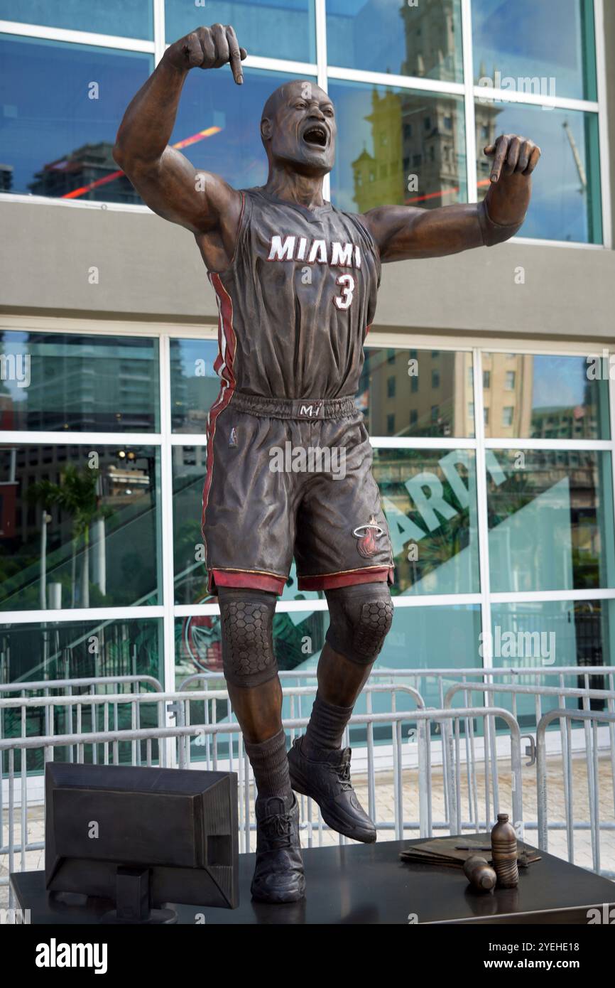 A statue of former Miami Heat guard Dwyane Wade at the Kaseya Center ...
