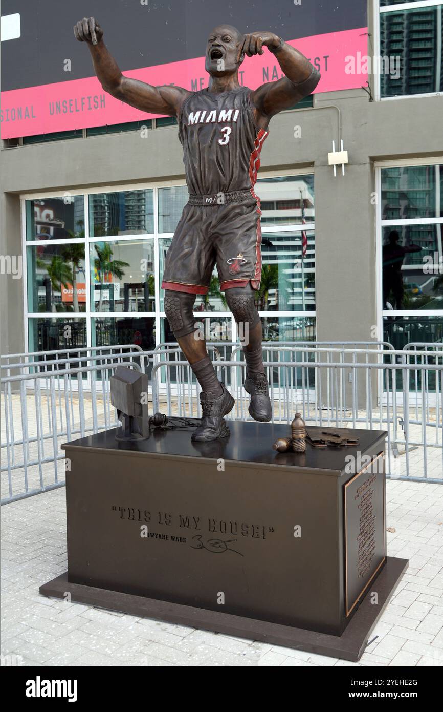 A statue of former Miami Heat guard Dwyane Wade at the Kaseya Center ...