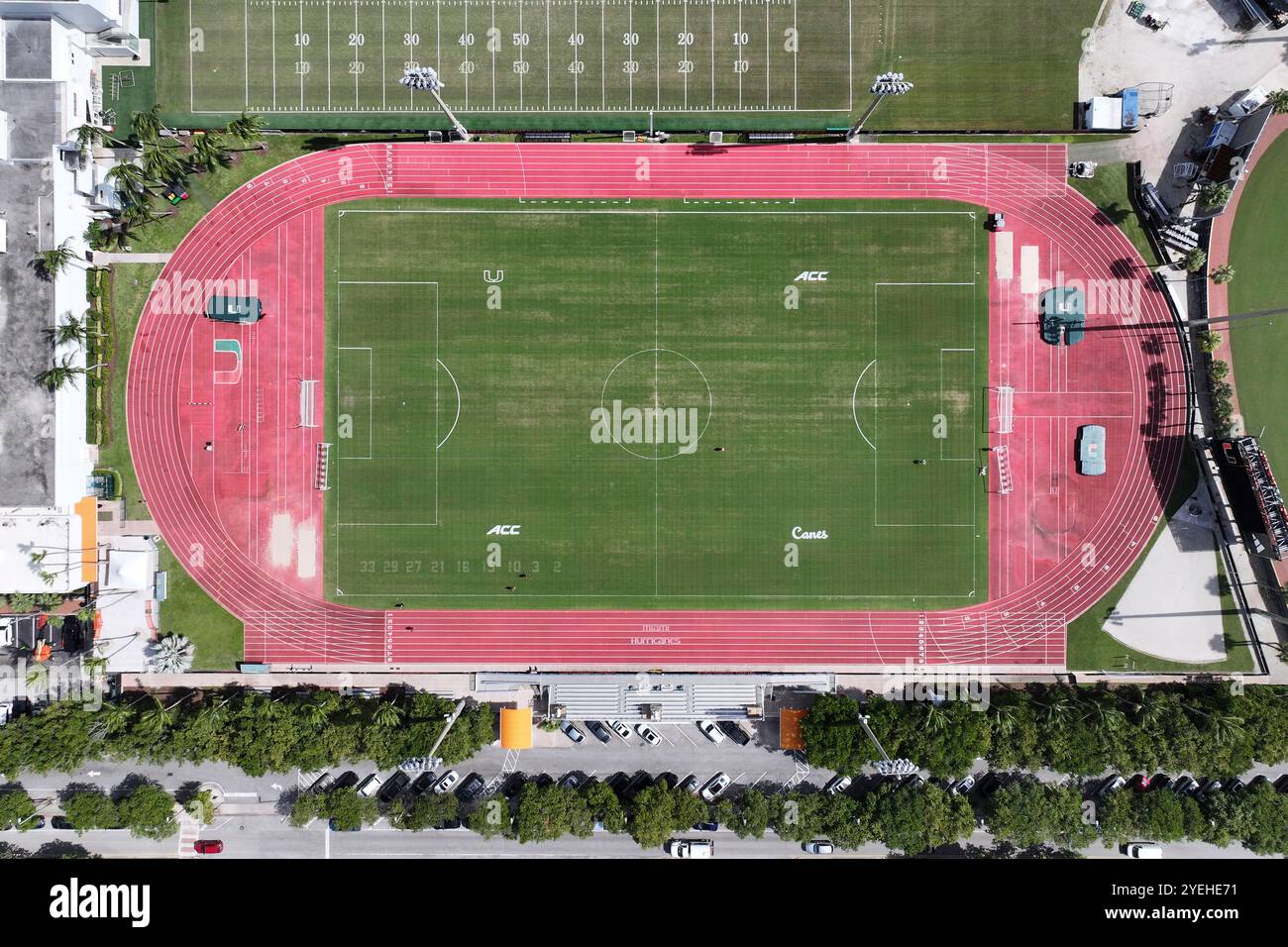 A general overall aerial view of the track and soccer field at Cobb ...