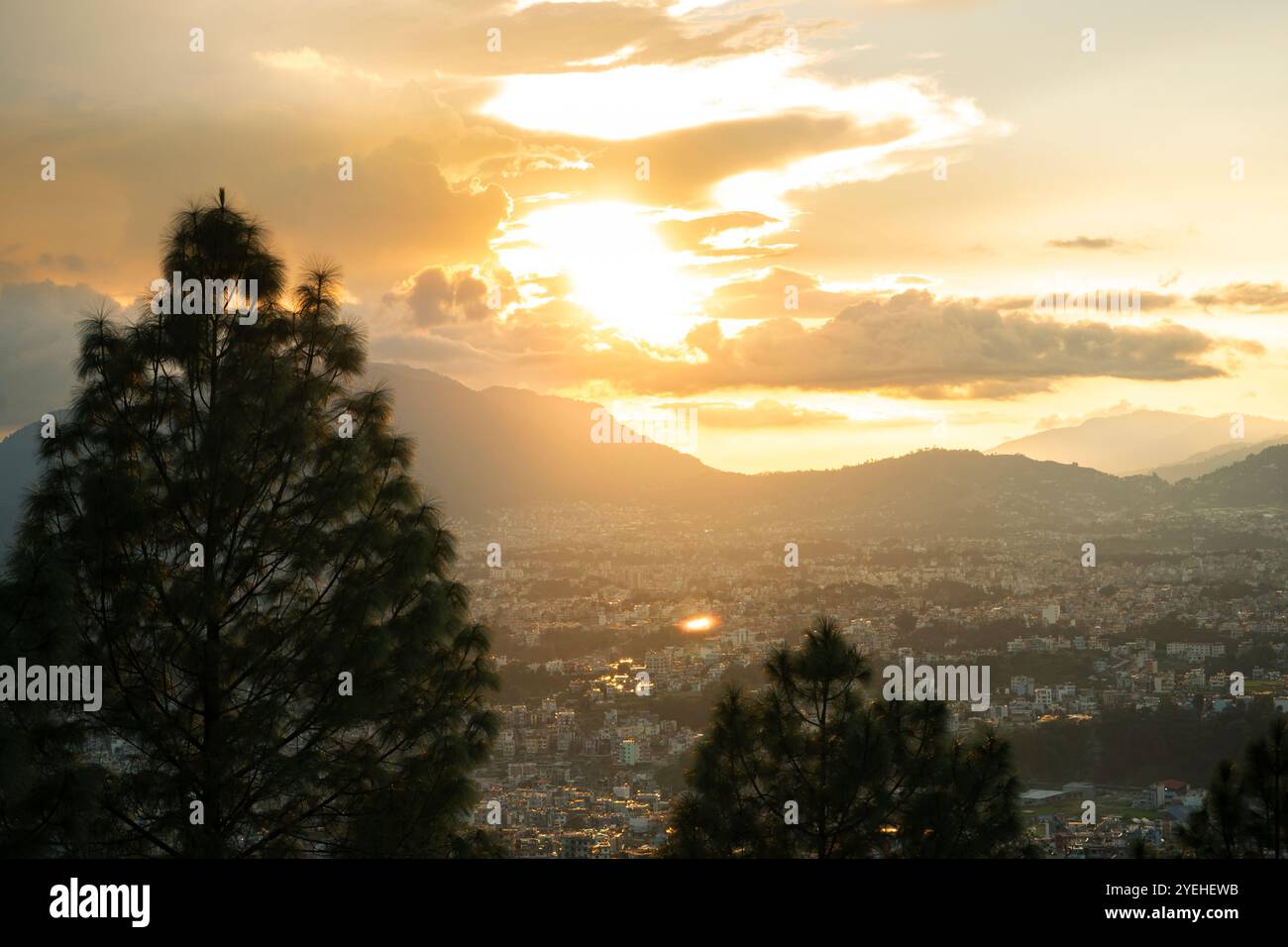 Beautiful Sunset Golden Hour of Kathmandu Valley City in Nepal with ...