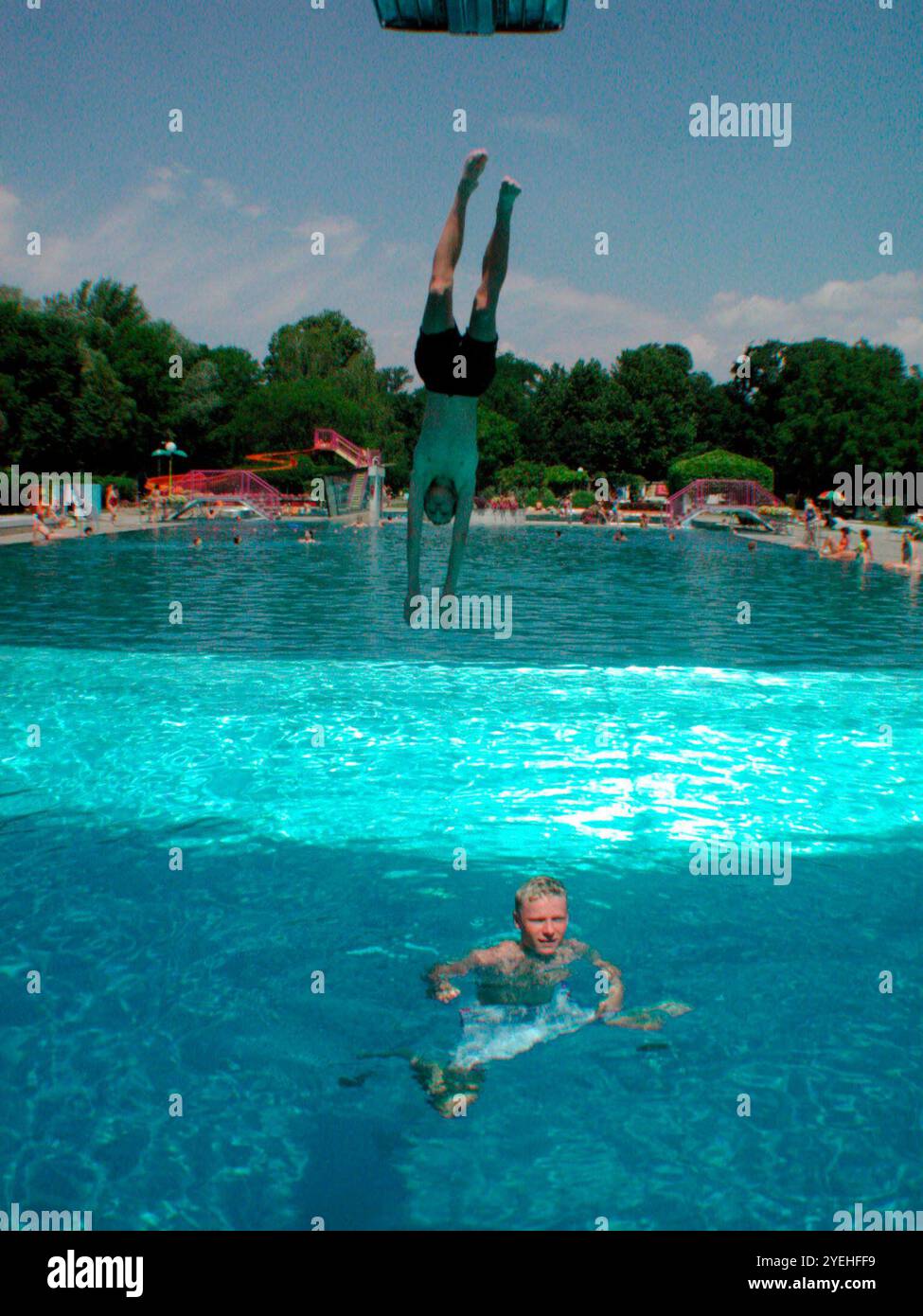 diving into the swimming pool with a header on a summer day diving into ...