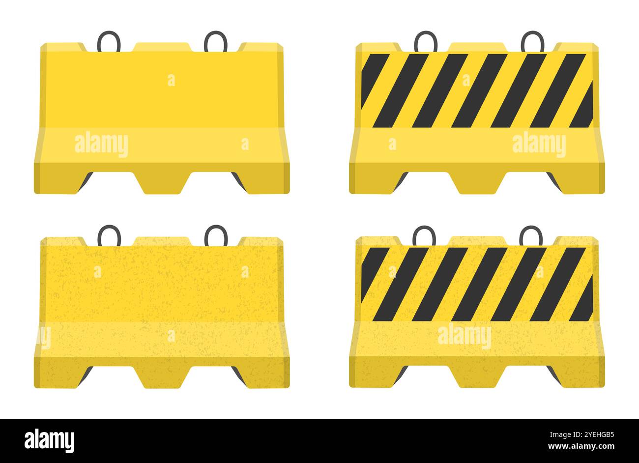 Realistic concrete road barrier icon symbol set. Yellow and black ...