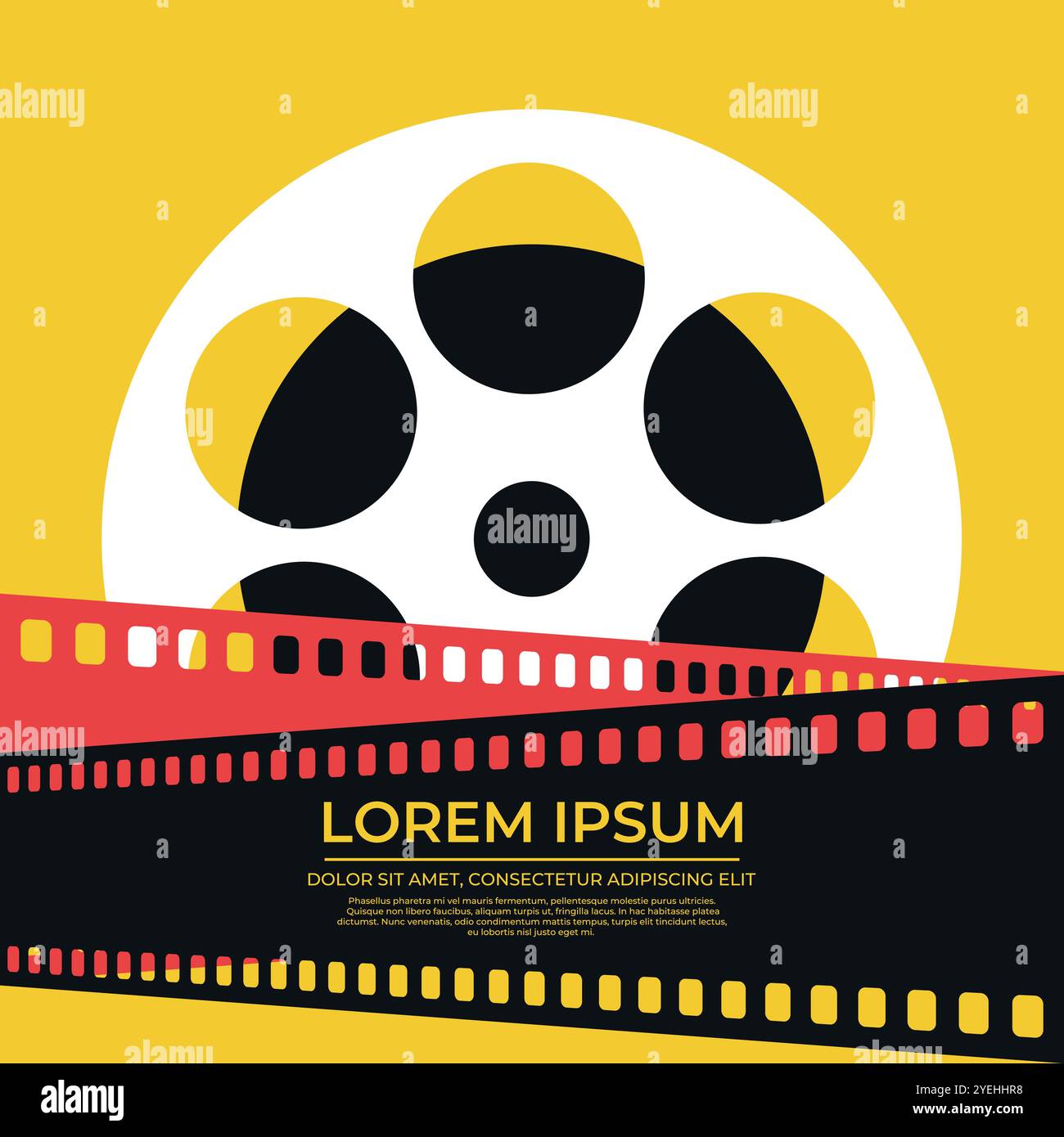 Movie premiere template design with film reel and film strip. Bright ...
