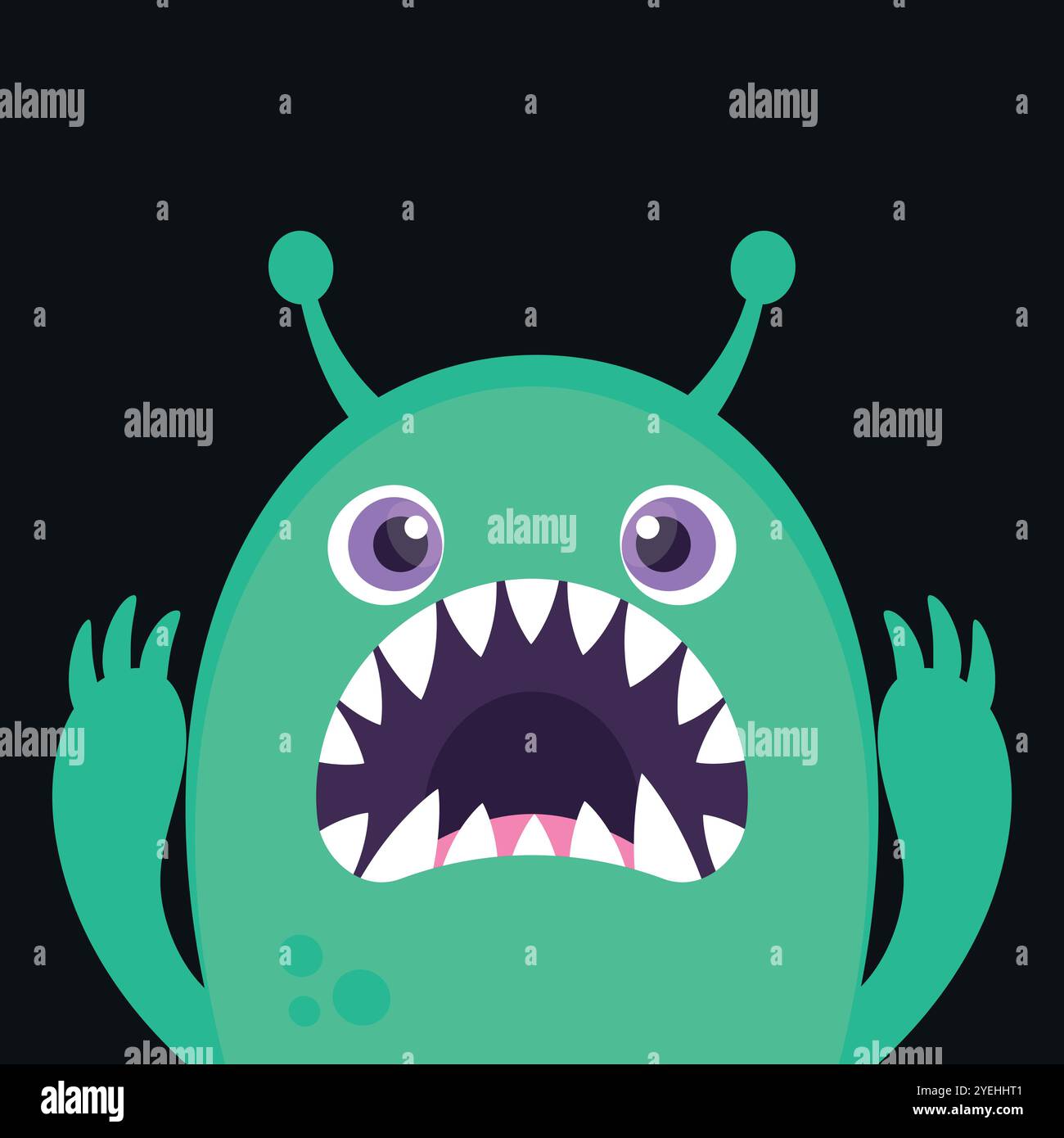Cute cartoon green monster with big mouth and fangs. Funny monster face ...