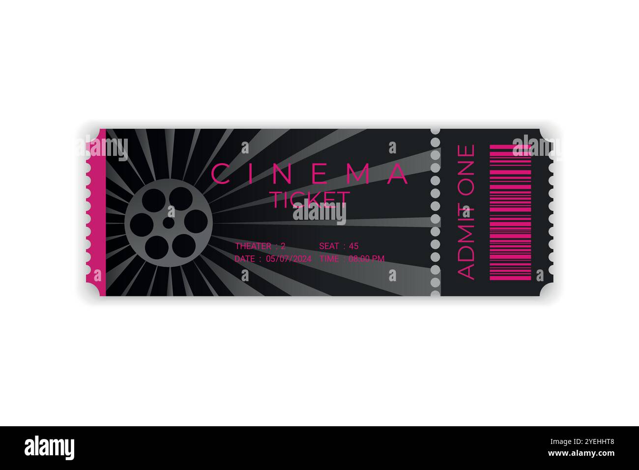Cinema ticket with barcode in realistic style. Design with film reel ...
