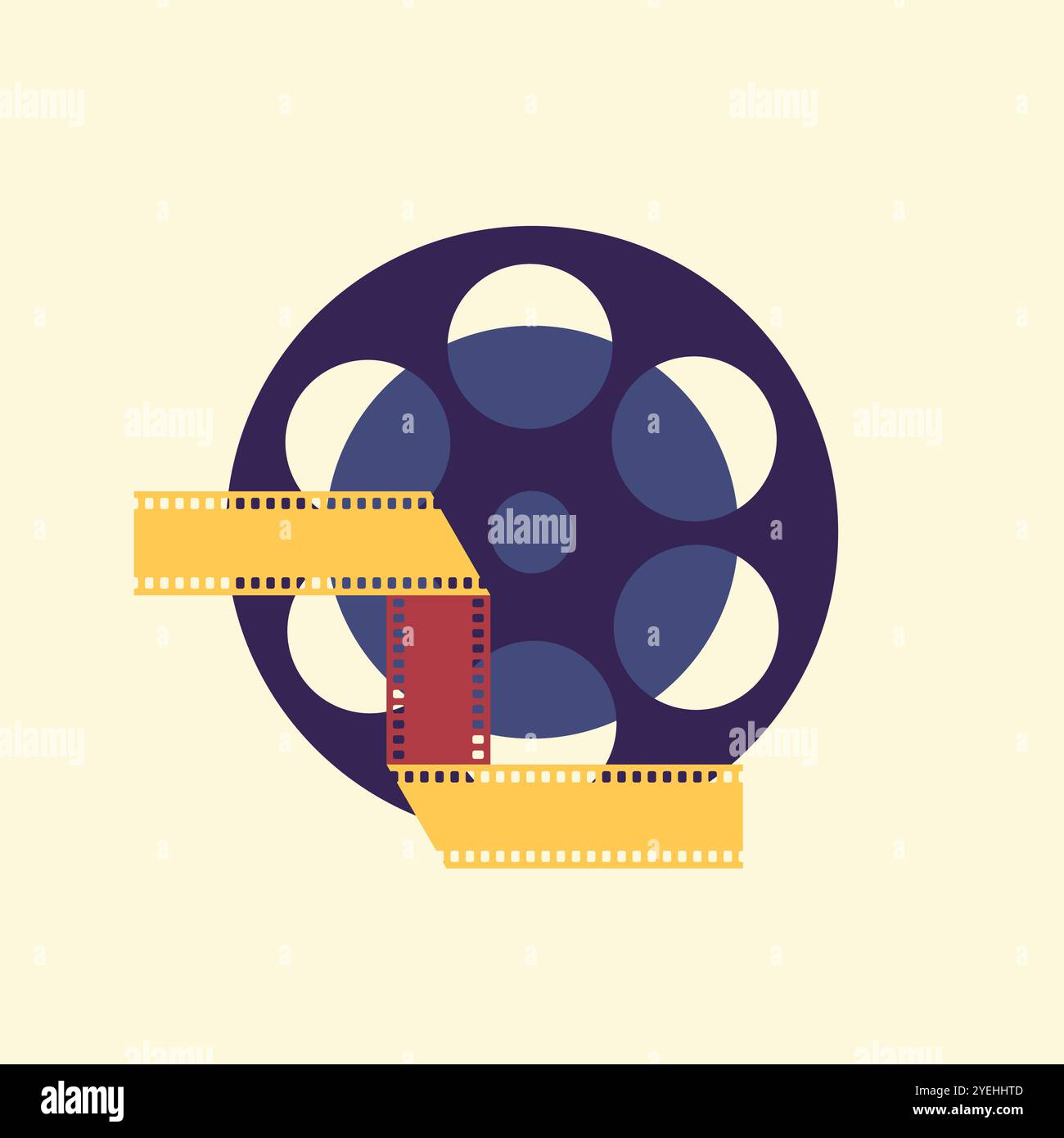 Movie film emblem with film reel and folded film strip. Movie film concept. Retro style. Vector ...