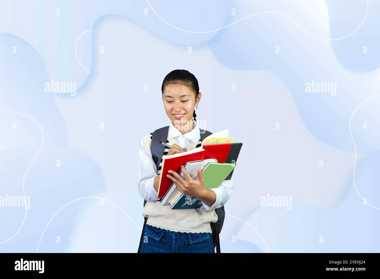 Asian Student Girl with Notebooks and Bags going to university happily ...