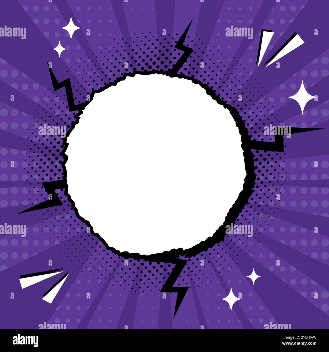 Bright pop art comic cover with crack torn paper circle with copy space ...