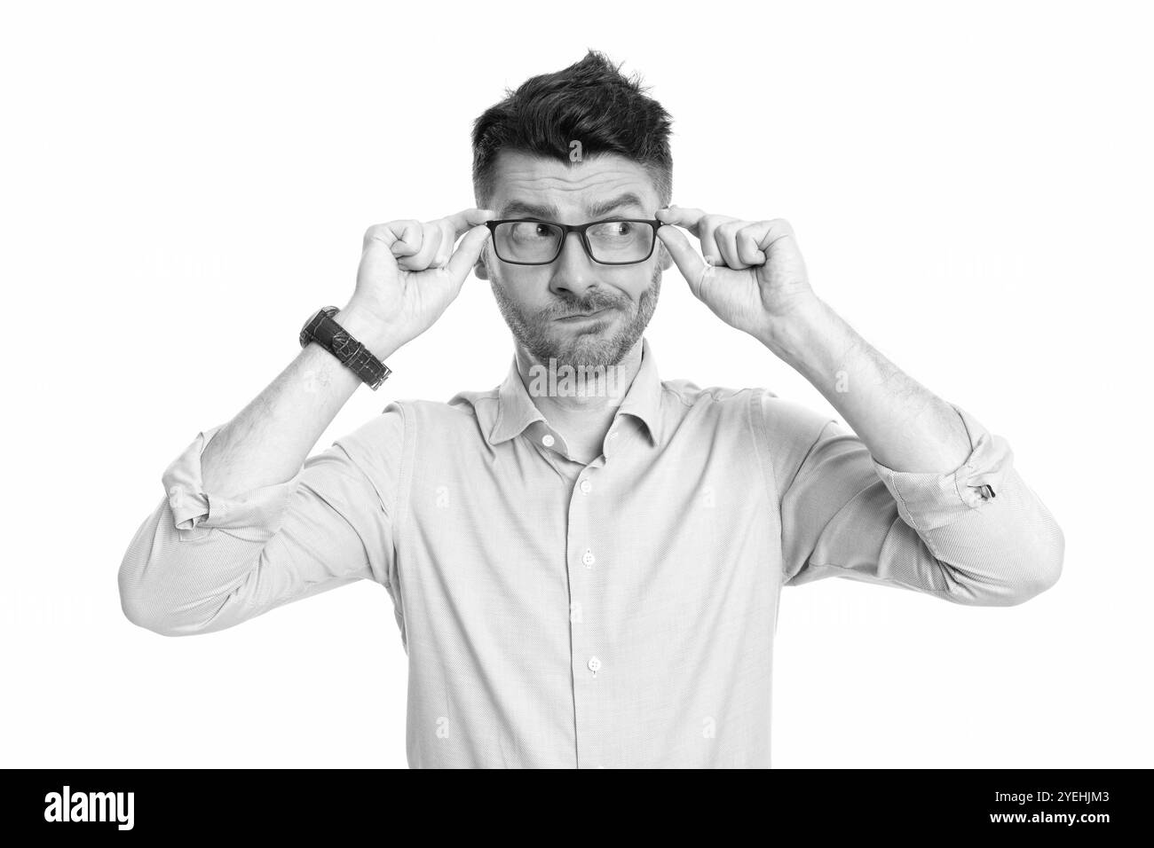 confused man portrait in eyewear isolated on white background. confused ...
