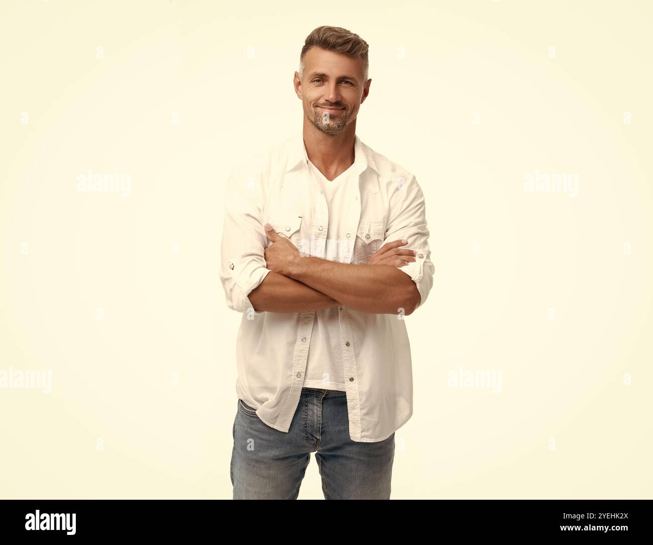 happy grizzled man in white shirt. grizzled man style. studio shot of ...