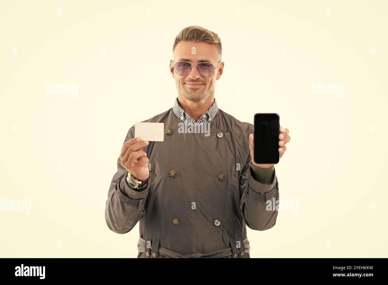 Happy smiling business man businessman boss showing smartphone and ...