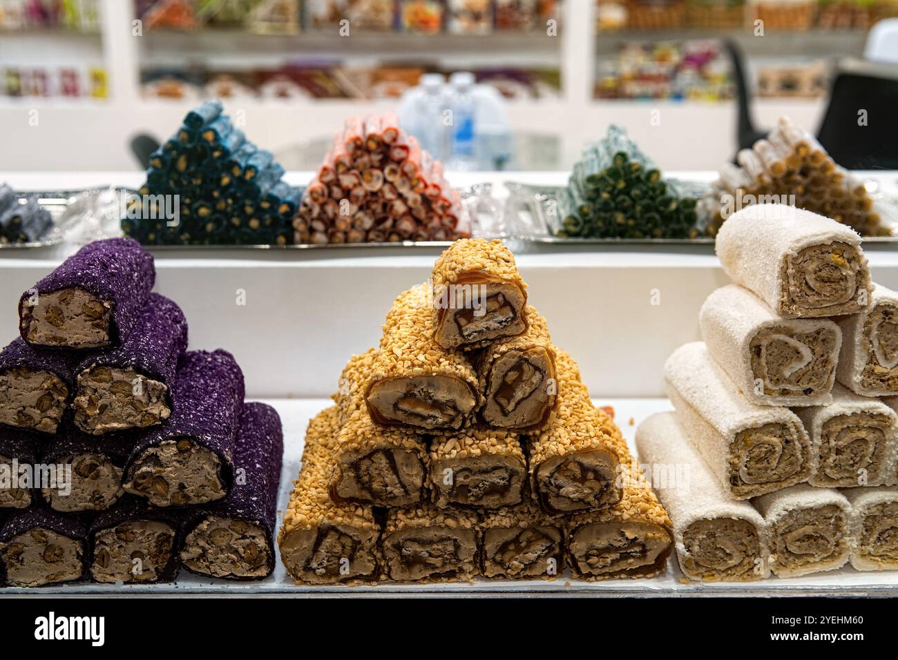 Various Turkish sweets in confectionery shop window. Traditional ...