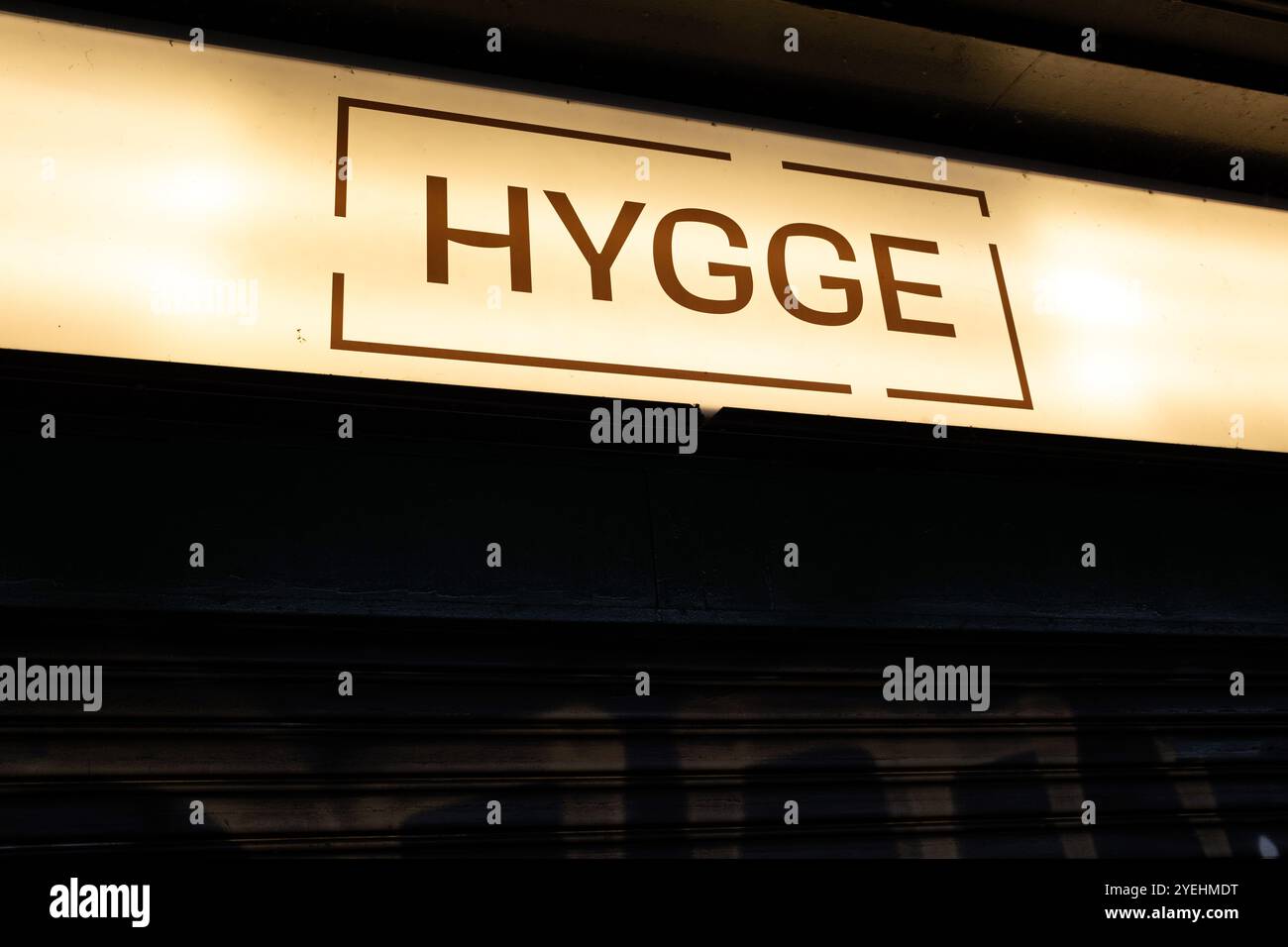 The storefront sign of Hygge, a coffee shop in Sheffield, UK, pictured ...