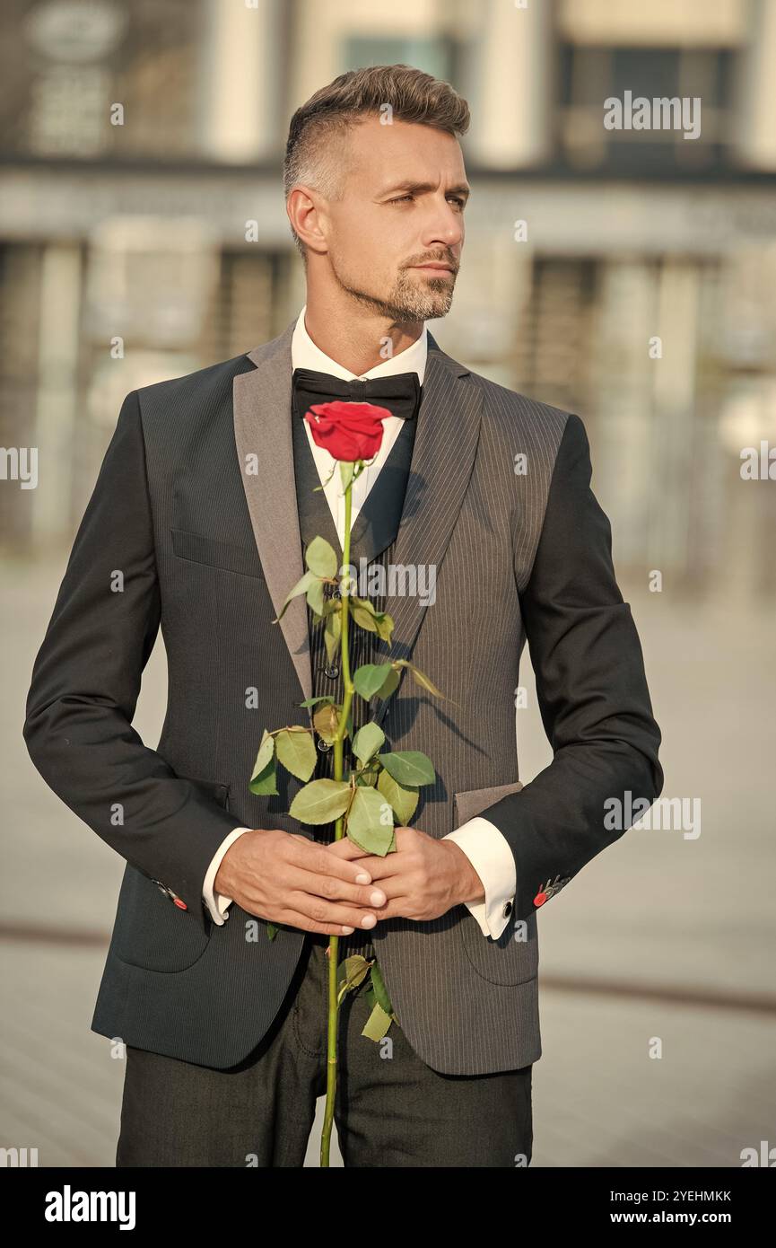 proposal concept. black tuxedo man prepare for proposal. man before ...