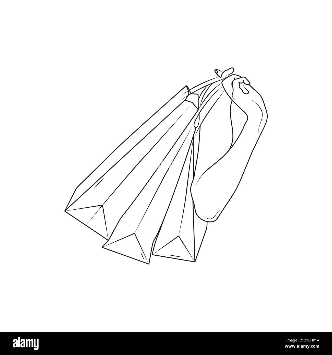 Hand holding paper bags. Line art. Shopping, delivery concept. Hand ...