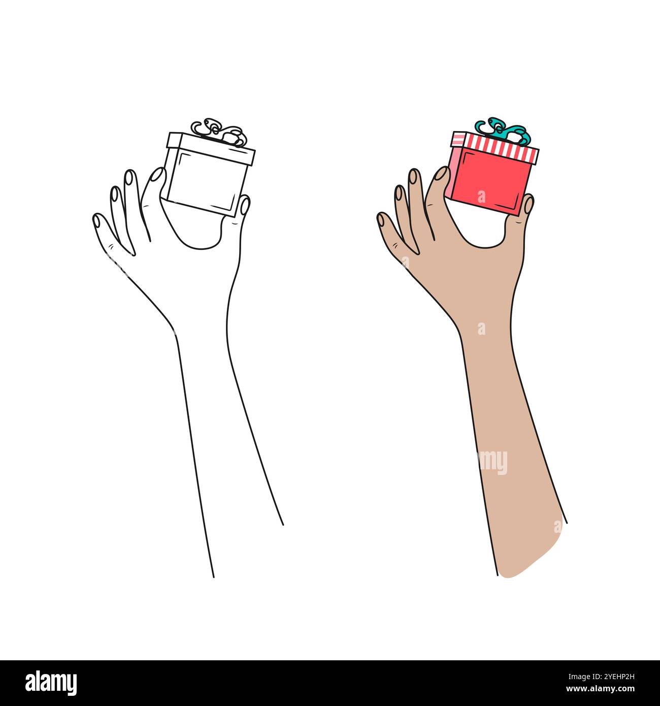 Human hand holding a gift box. Line art drawing. Present box with bow ...