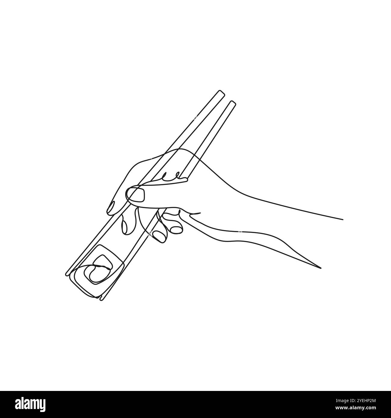 Hand holding chopstick to eat sushi roll. One line art. Hand drawn ...