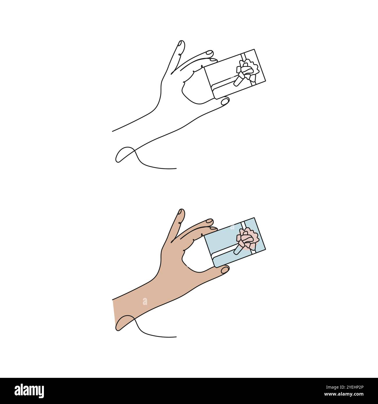 Human hand holding a gift box. Line art. Present box with bow. Hand ...