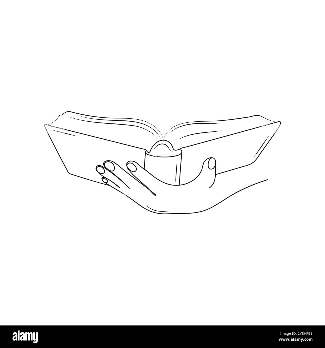 Hand holding open book. Line art. Reading, education concept. Hand ...
