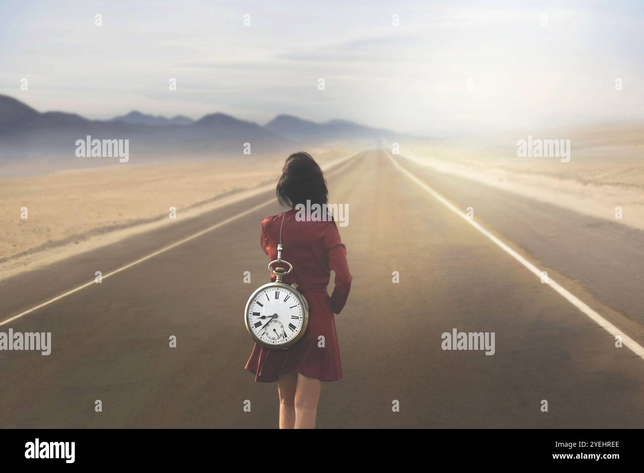 woman walking with a giant clock on her shoulders towards her destiny ...
