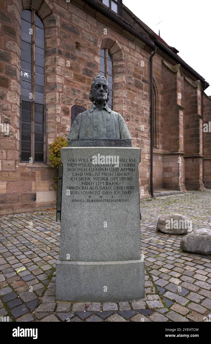 Wilhelm Loehe monument, bronze bust on a high granite stone plinth with ...