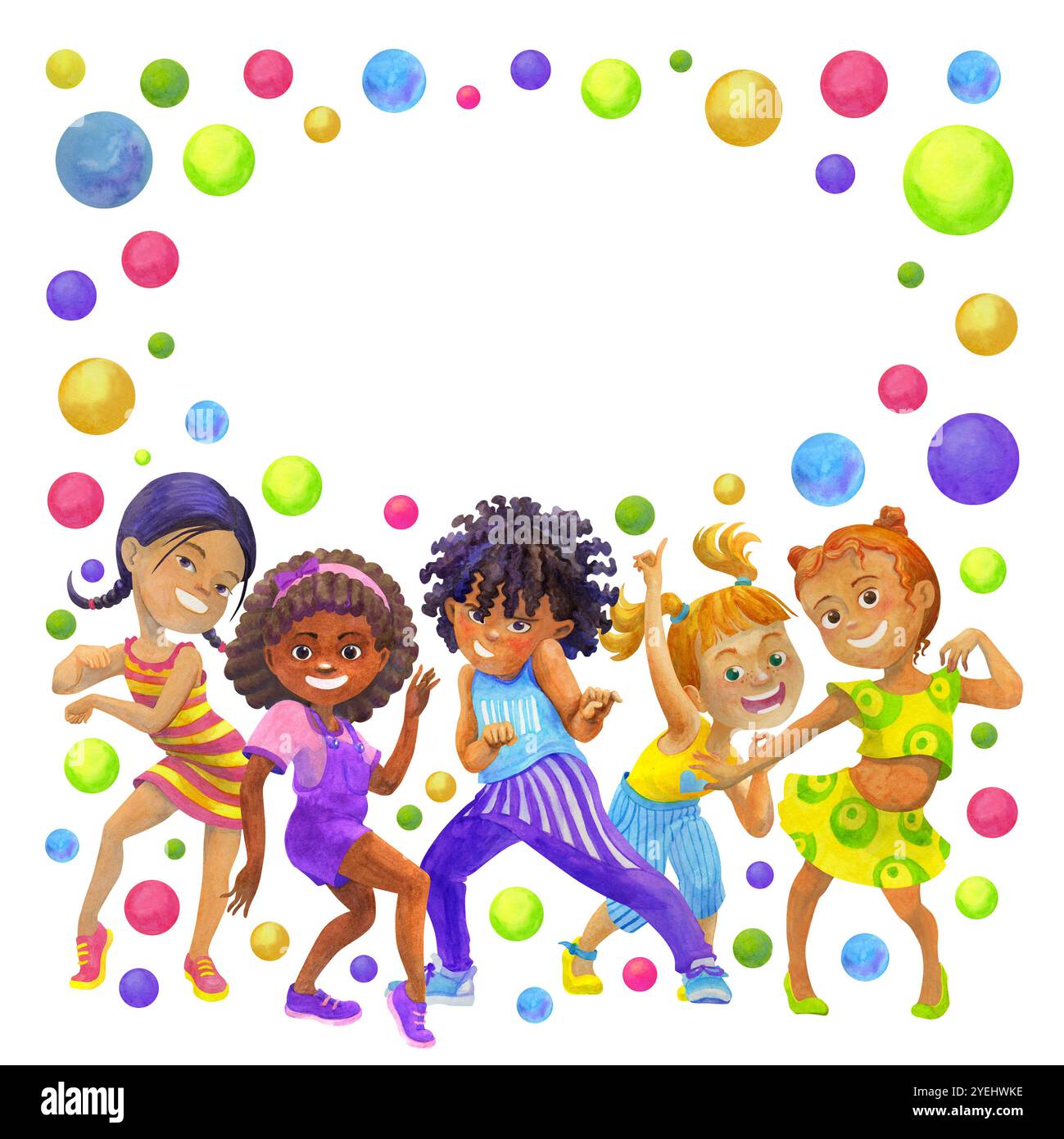 Frame with school age children dancing in a party. Festive border with ...