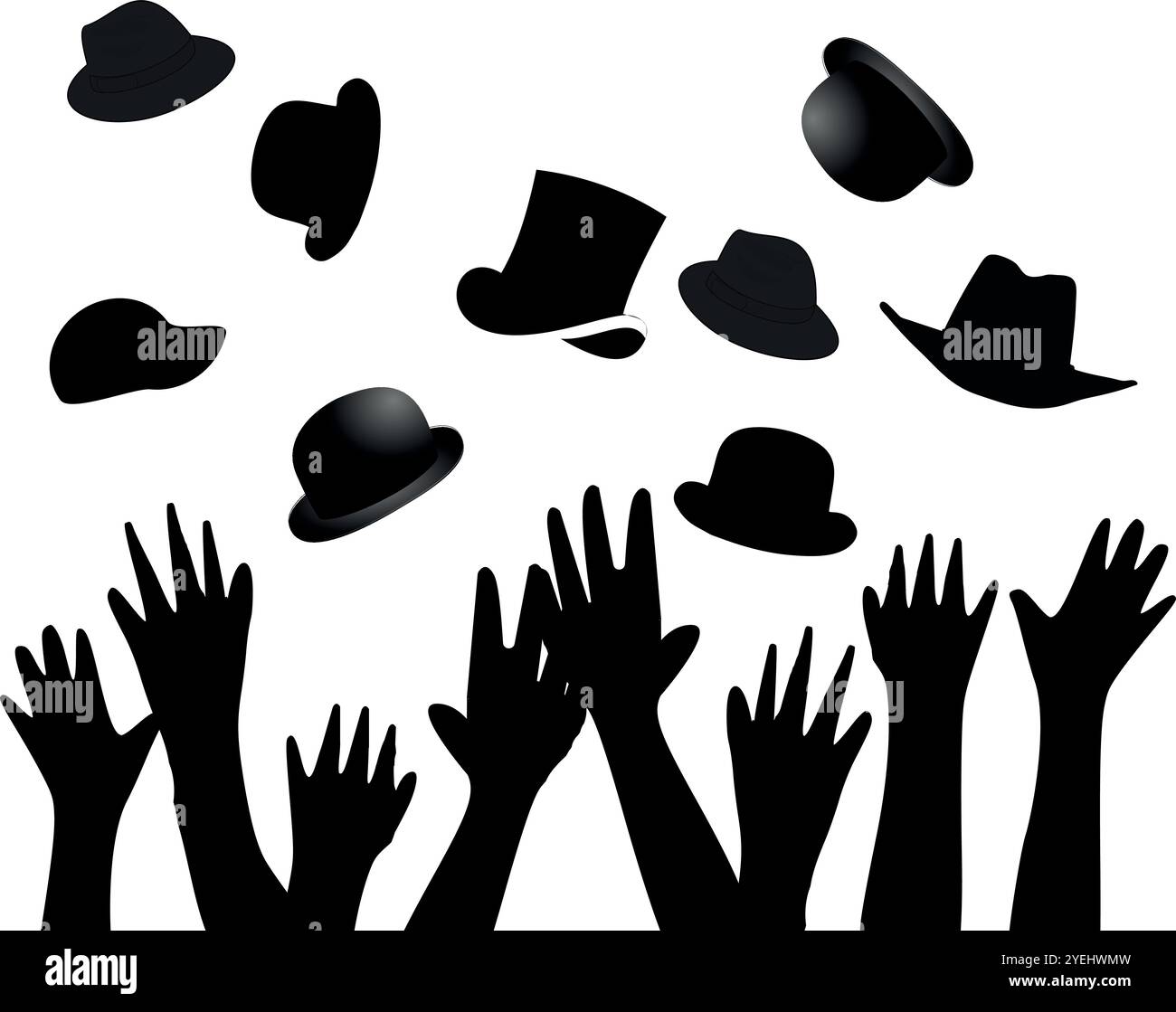 Group of raised hands and various hats thrown in the air Stock Vector ...