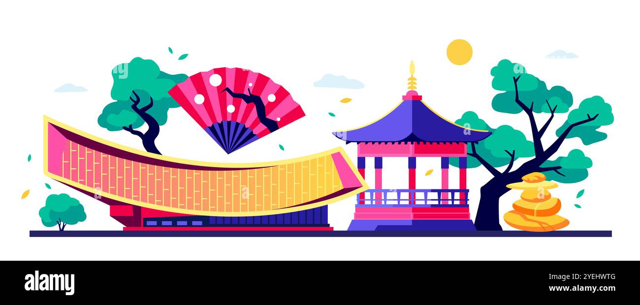 Beauty of Korean national architecture - modern colored vector ...