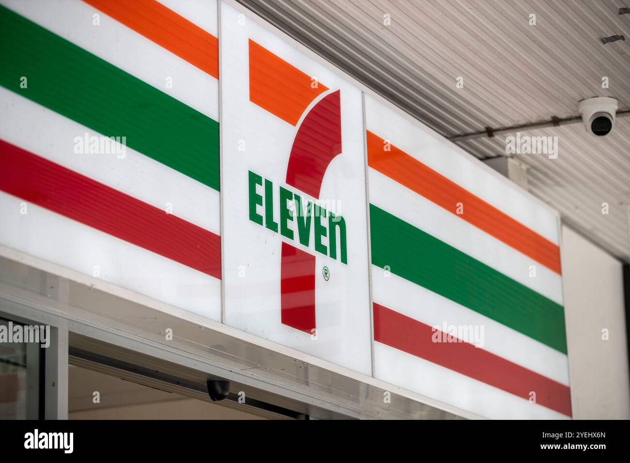 The 7-Eleven store sign featuring the iconic orange, green, and red ...