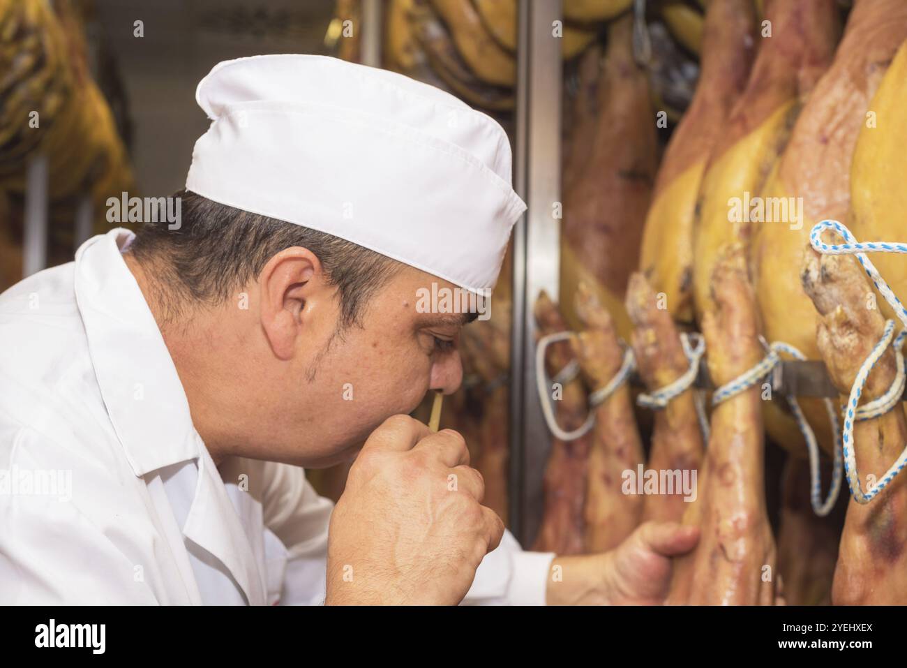 Man controlling the curing of spanish jamon. Food industry concept ...