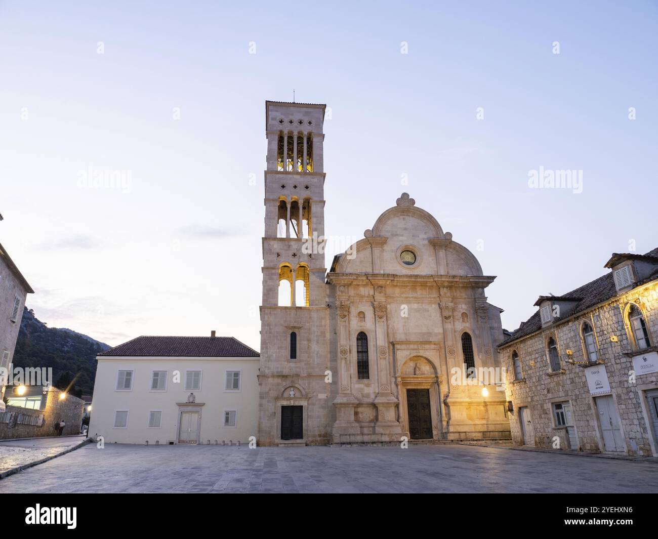 Morning atmosphere, Hvar Square, St Stephen's Cathedral, town of Hvar ...