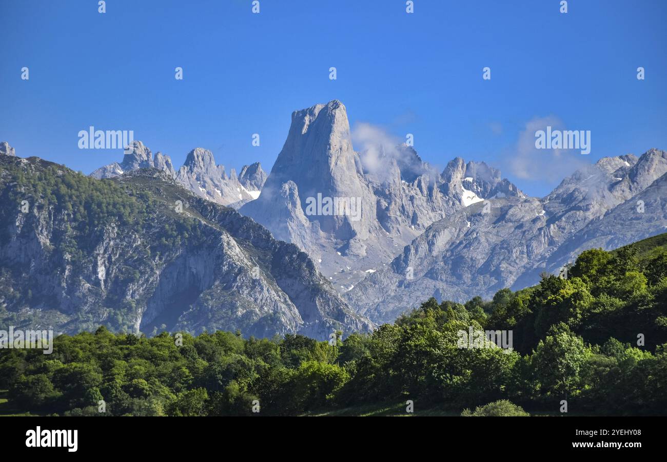 Majestic mountain range with towering peaks under a clear blue sky ...