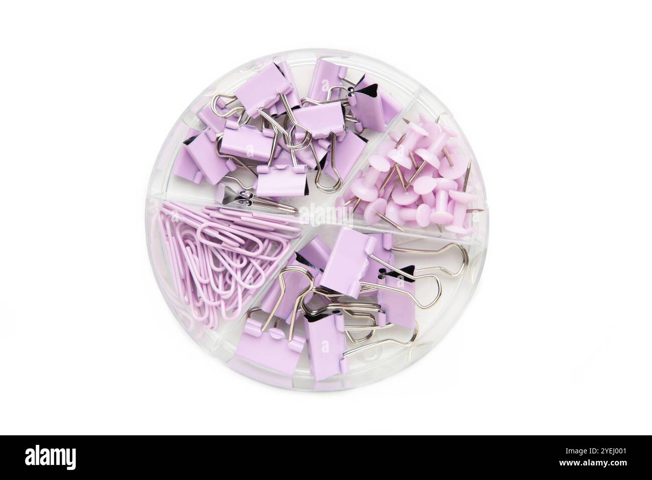 Set of purple paper clips, binders and pins isolated on white ...
